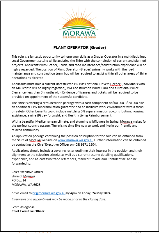 Employment Opportunity - Plant Operator (Grader) » Shire of Morawa