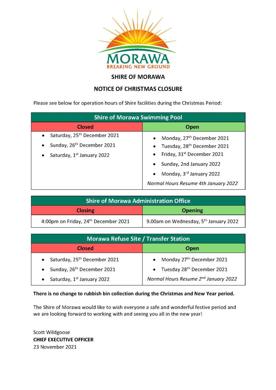 News Story - Christmas Closure Period Notice 2021/2022 » Shire of Morawa