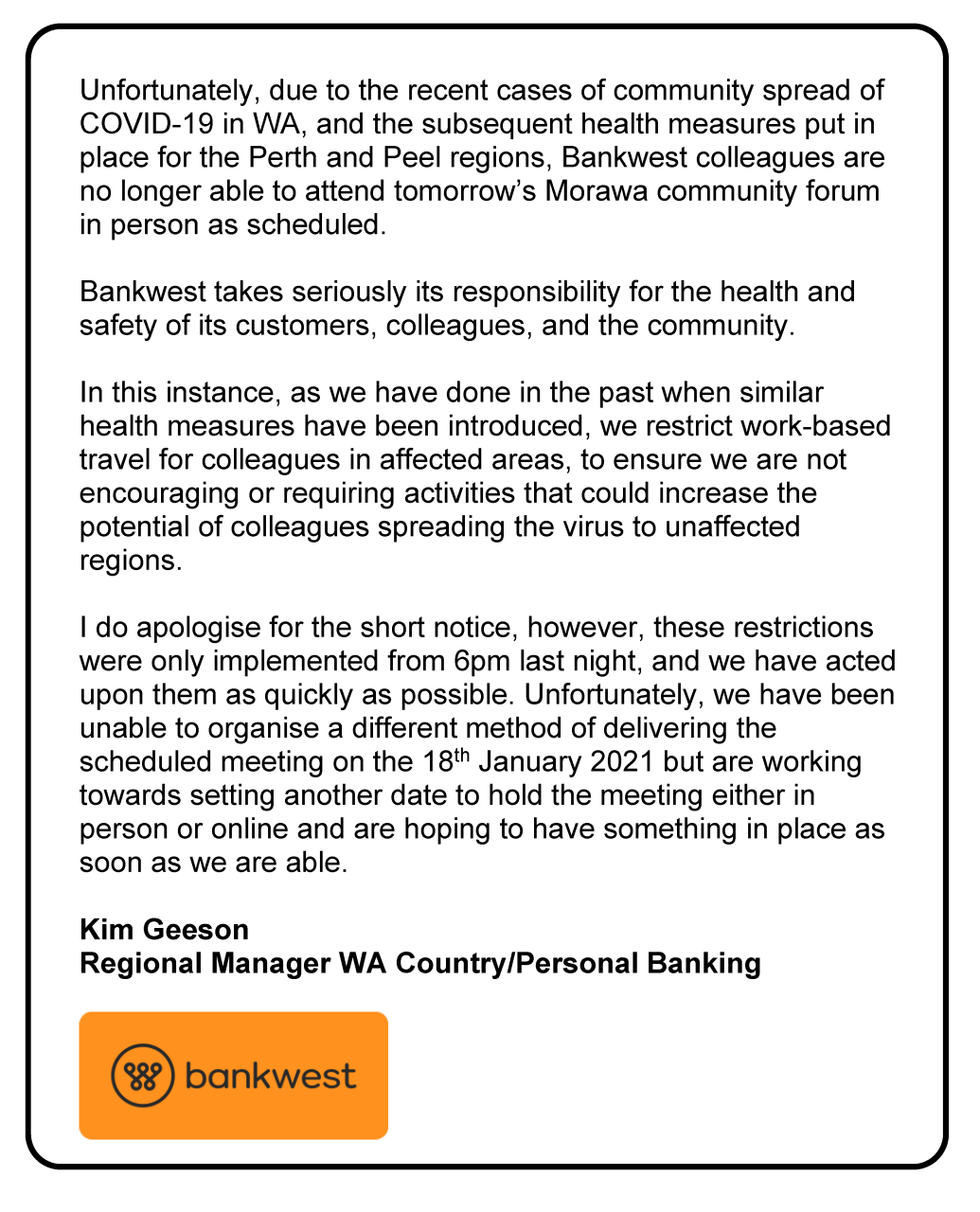 News Story - Bankwest Notice - Delayed Meeting » Shire of Morawa
