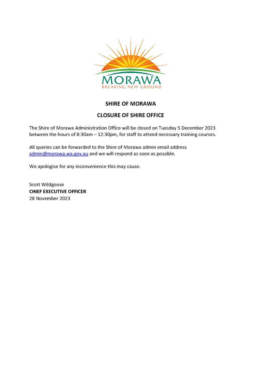 News Story - Shire of Morawa Administration Office closure » Shire of ...