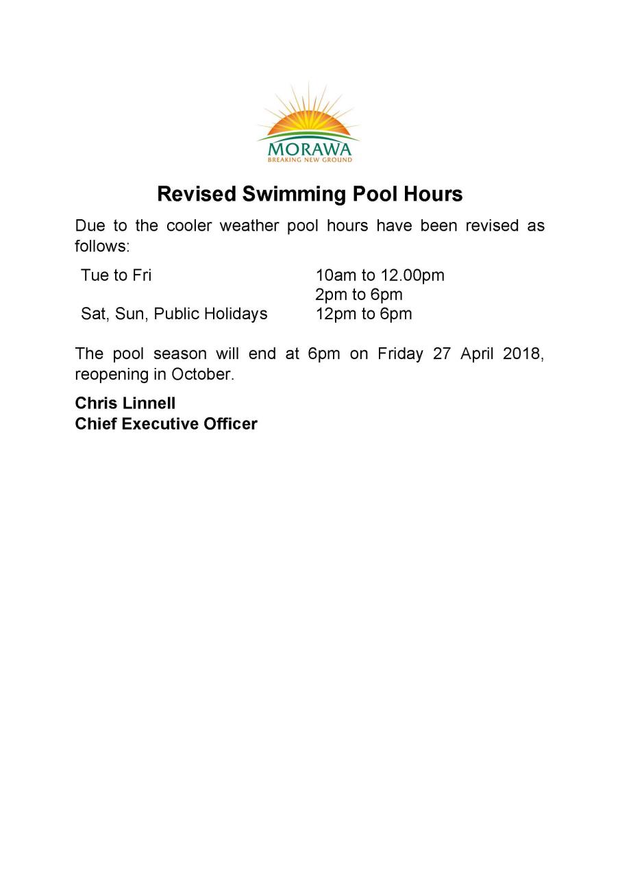 News Story - Revised Pool Hours » Shire of Morawa